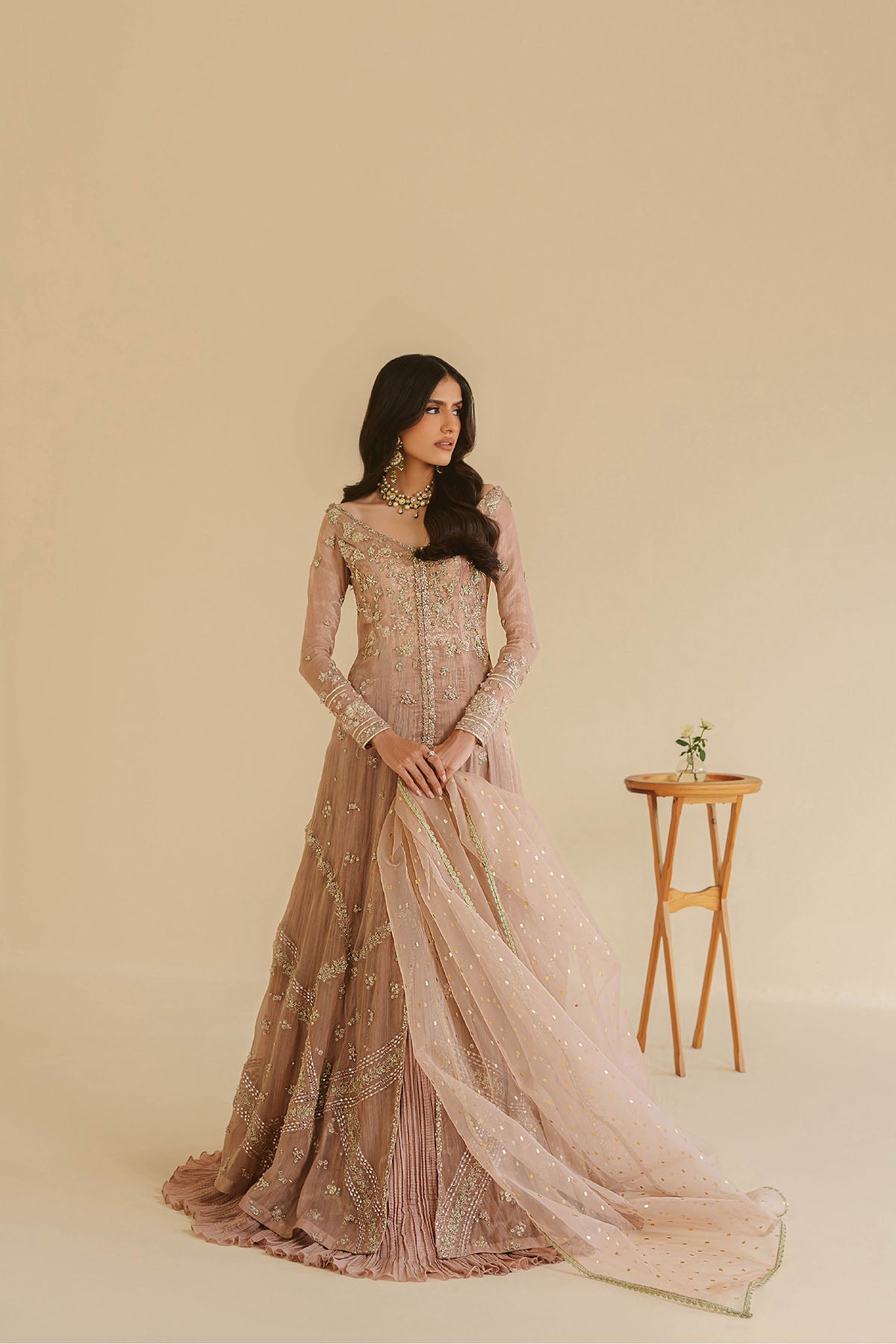 Taupe Pink Formal Front Slit Gown Lehenga - Zuria Dor